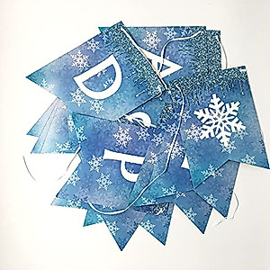 Snowflake and Frozen Happy Birthday Banner （Already Assembled）Blue & White, Snow and Frozen Theme Birthday Party Supplies， Winter Wonderland Snow Princess Birthday Party Decorations for Girl and Kids
