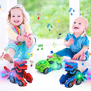 Refasy Toys for 4 Year Old Boys,2 in 1 Transforming Dinosaur LED Car with Music Kids Toys Dinosaur Toys Birthday Gifts for Boys Girls(Red)