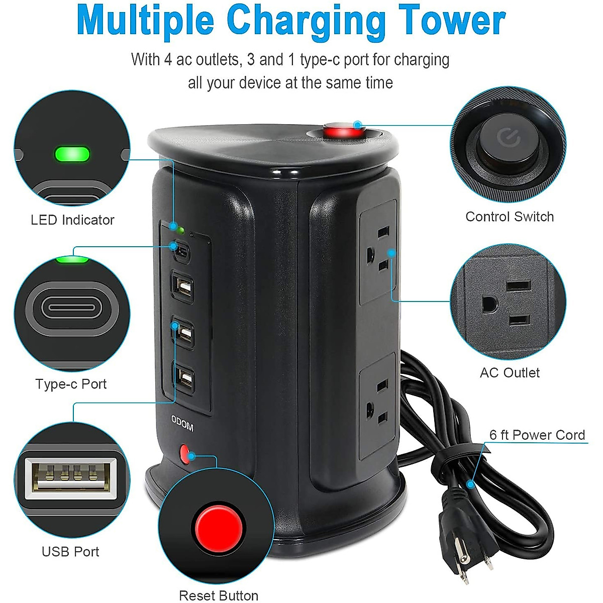 ODOM Power Strip Tower , 6 Outlets 4 USB Ports (1 USB C ), 6 feet Extension Cord , 1250J Surge Protector Multiple Plug Outlet Fast Desk Charging Station, Office Supplies , College Dorm Room Essentials