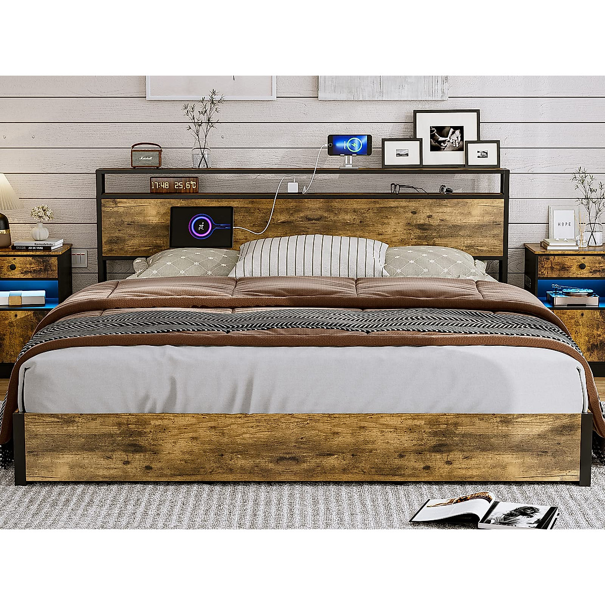 IKIFLY King Size Lift Up Storage Bed, Metal King Platform Bed Frame with 2-Tier Storage Shelf Headboard & Charging Station, Solid Wood Slats, No Box Spring Needed, Easy Assembly, Rustic Brown