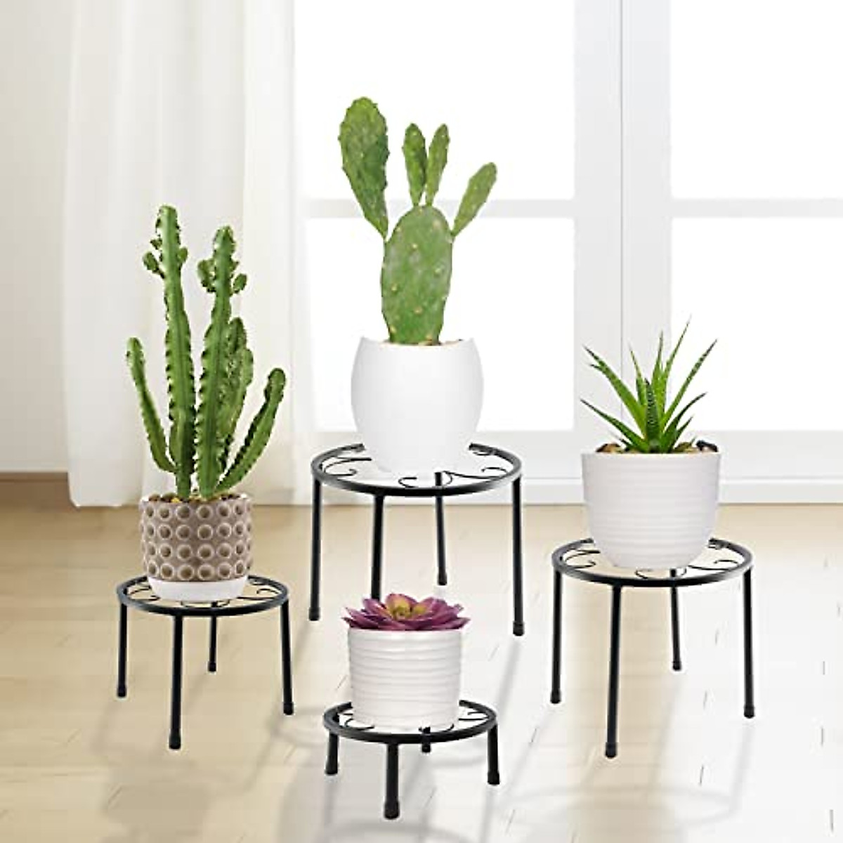 Ailibre 4-Pack Metal Plant Stands, Heavy Duty Iron Flower Pot Stand, Indoor Outdoor Metal Rustproof Planter Container Round Supports Display Rack for Home & Garden Decor
