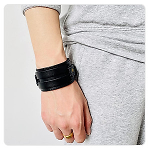 Nsitbbuery Hip Hop Snap Wristband Wide Leather Cuff Bracelet,7.5" Small Wrist(Black)