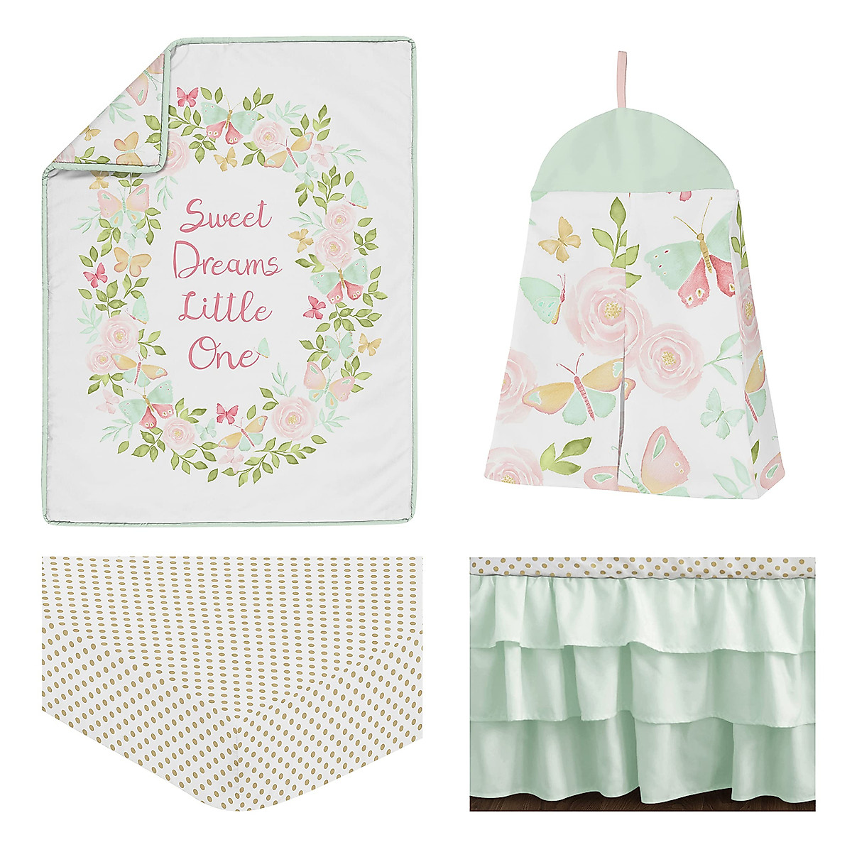 Sweet Jojo Designs Blush Pink, Mint and White Shabby Chic Butterfly Floral Baby Girl Crib Bedding Set - 4 Pieces - Watercolor Rose