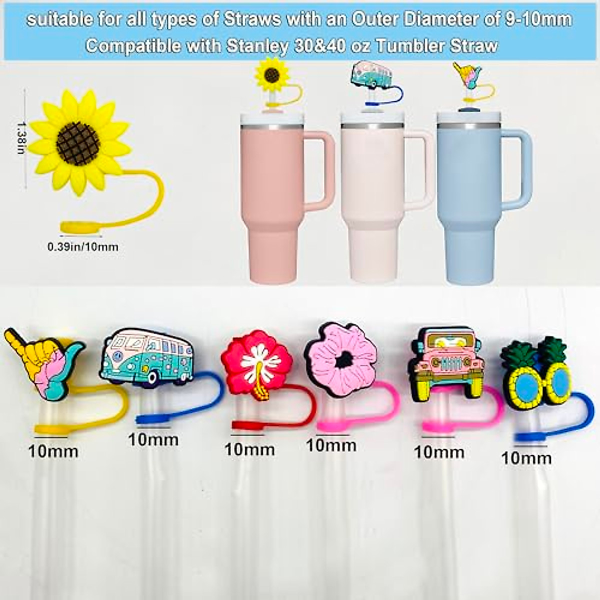 12PCS Straw Cover Cap, Cute Summer Straw Cover for Stanley 30&40 Oz Tumbler, Straw Topper for Stanley Cup in different Shapes,Straw Protectors Drinking Straw Caps for 10 mm Straws