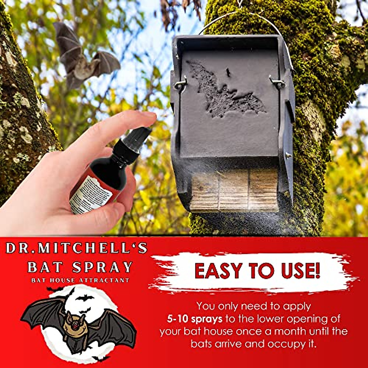 Dr. Mitchell’s Bat Spray - Bat Attractant Bait Lure Scent Bat Houses and Boxes 2oz Spray Bottle Research-Backed All Natural Pheromone and Scent Mimicking Formula Blend - Made in The USA