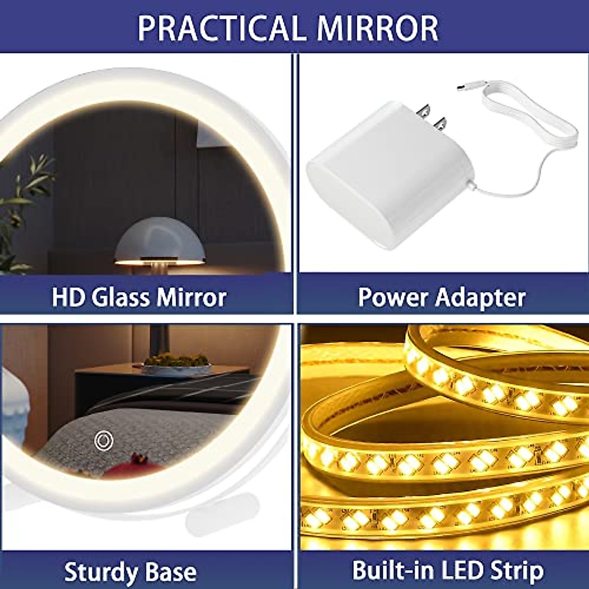 Hasipu Vanity Mirror with Lights, 18" LED Lighted Smart Touch Control 3 Colors Dimmable Round Mirror 360°Rotation White