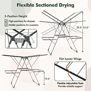 Tangkula Laundry Drying Rack, Foldable Clothes Drying Rack with Height Adjustable Wings, 33 Drying Rails & Sock Clips, Freestanding Gullwing Garment Stand for Indoor & Outdoor Use (Sliver+Grey)