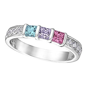 Central Diamond Center Princess with side CZs Mothers rings 1 to 6 Simulated Birthstones - Sterling Silver - Size 7