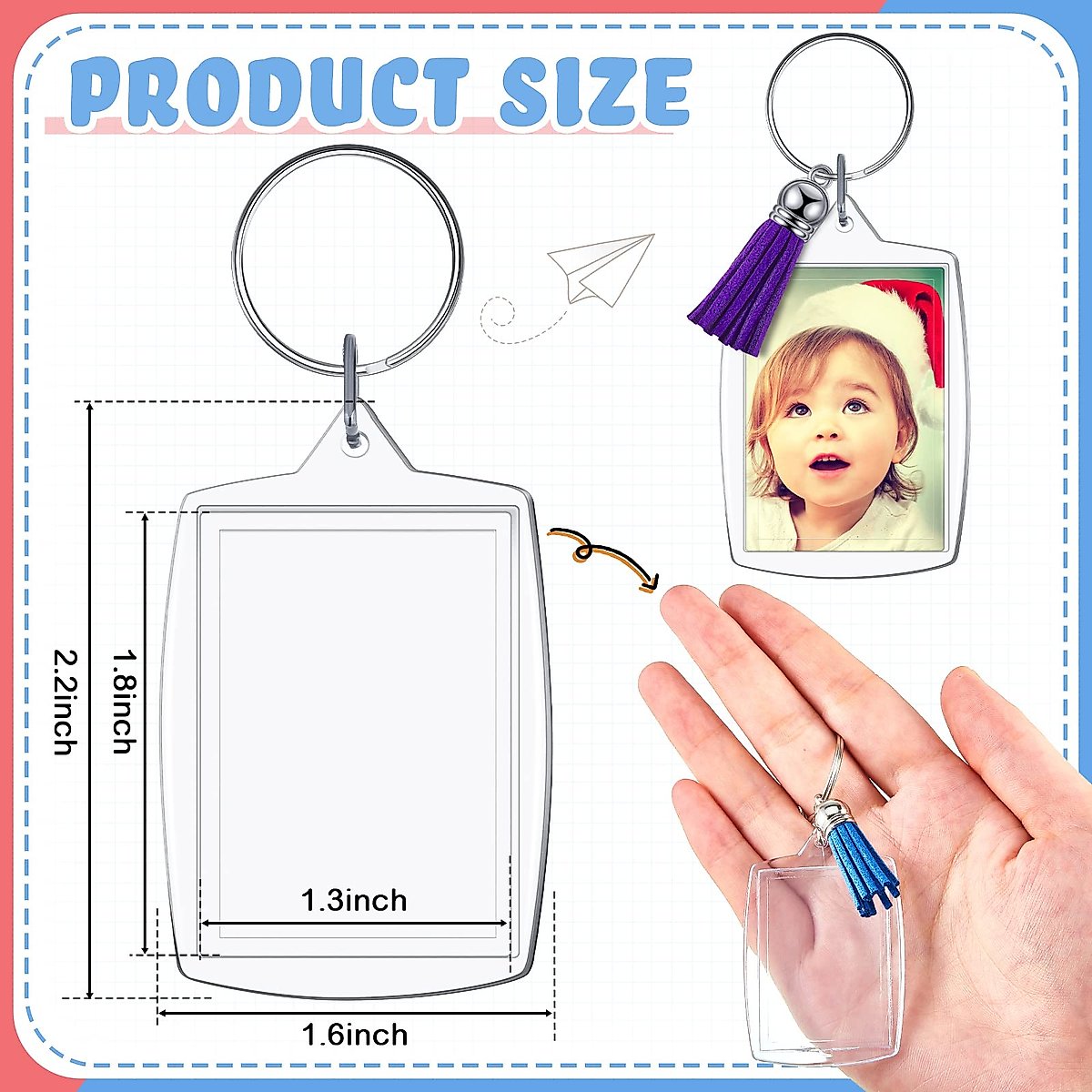 Henoyso 24 Set Acrylic Photo Frame Keychain with Tassels 2.2 x 1.57 inches Rectangle Acrylic Keychain Blanks Insert Picture Frame Keychain Clear Acrylic Blank Key Ring for DIY Crafting Projects