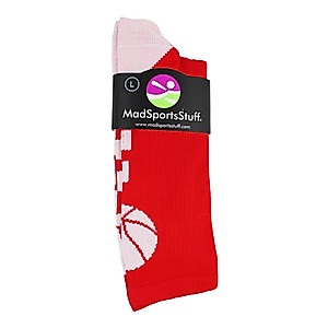 MadSportsStuff Basketball Socks with Basketball Logo Crew Socks (Scarlet/White, X-Large)