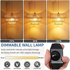 QIYIZM Plug in Pendant Light Boho Hanging Lights with Plug in Cord Rattan Hanging Lamp Dimmable Wicker Bamboo Woven Lamp Shade Hemp Rope Plug in Ceiling Light Fixture for Living Room Bedroom Kitchen