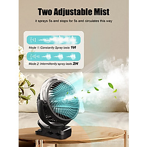 FRIZCOL Clip on Fan with Misting - 6000mAh Portable Fan with Light & Hook - Rechargeable Fan Battery Powered Up to 40 Hours Cooling & 2h Misting for Travel, Office, Desk