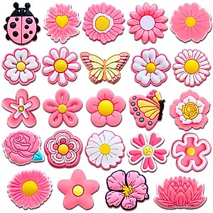 24Pcs Pink Flower Shoe Charms for Clog Sandals Bracelets Decoration,Cute Charms