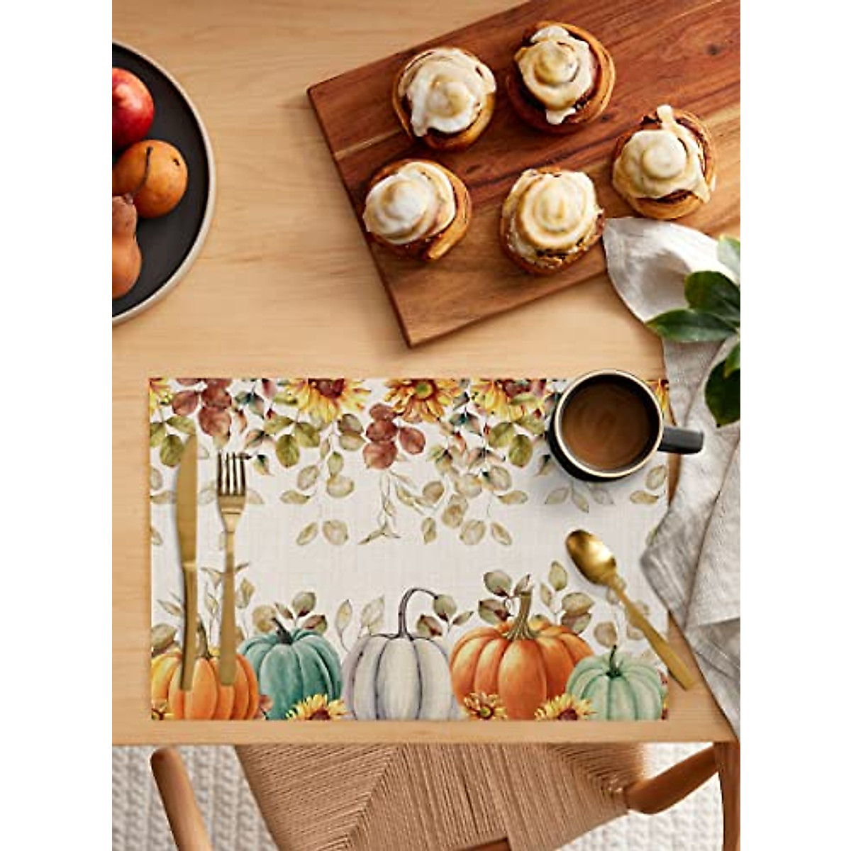 Fall Eucalyptus Leaves Thanksgiving Placemat for Dinning Table Placemat Set of 6-Cotton Linen Waterproof Table Mat Pumpkins Harvest Sunflowers Floral Place Mat Rustic Farmhouse Holiday Dinner Decor