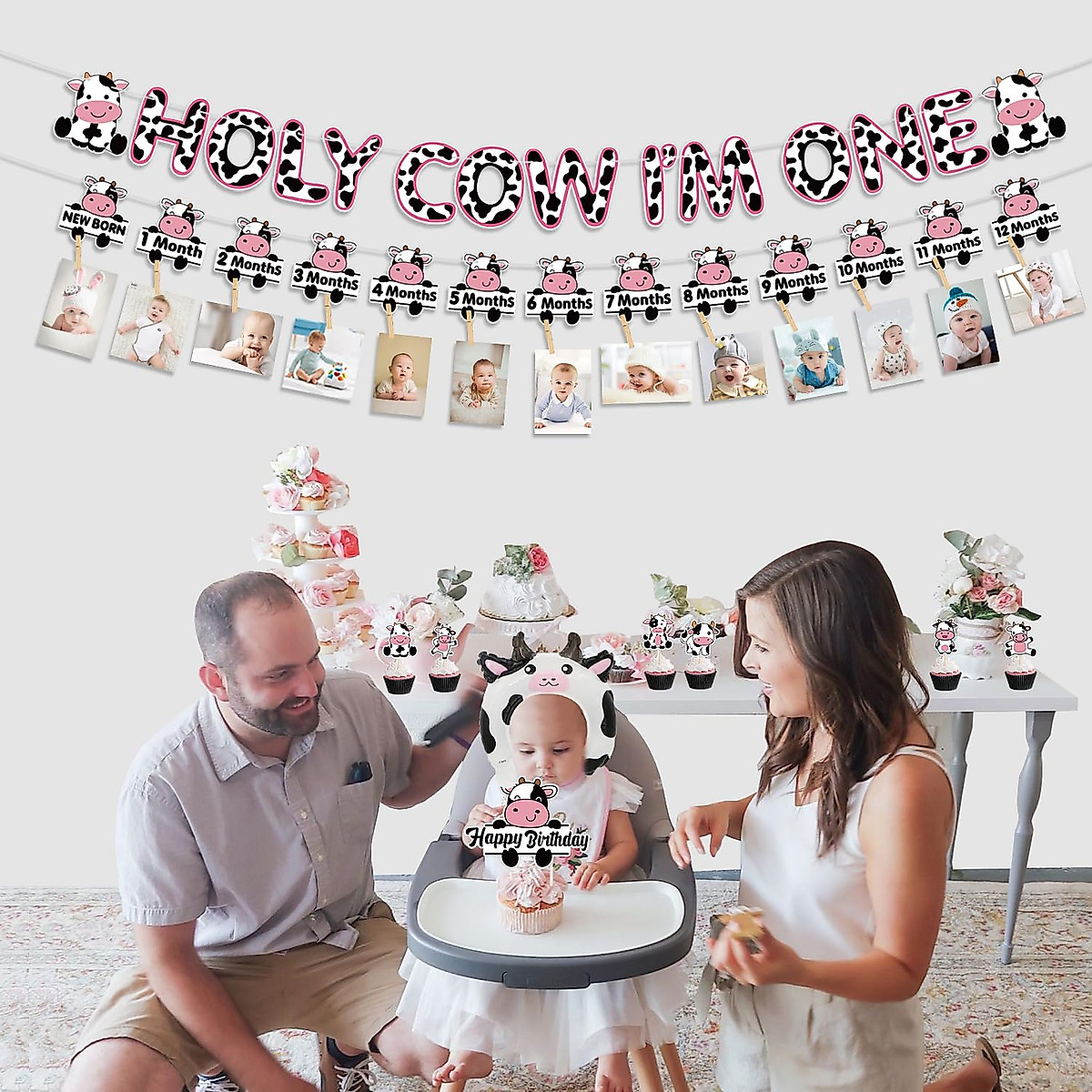 Cow 1st Birthday Decorations, include Holy Cow I'm One Banner, Cow Monthly Photo Banner, Farm Animals Cow First Birthday Party Decorations for Girls First Birthday Party Supplies