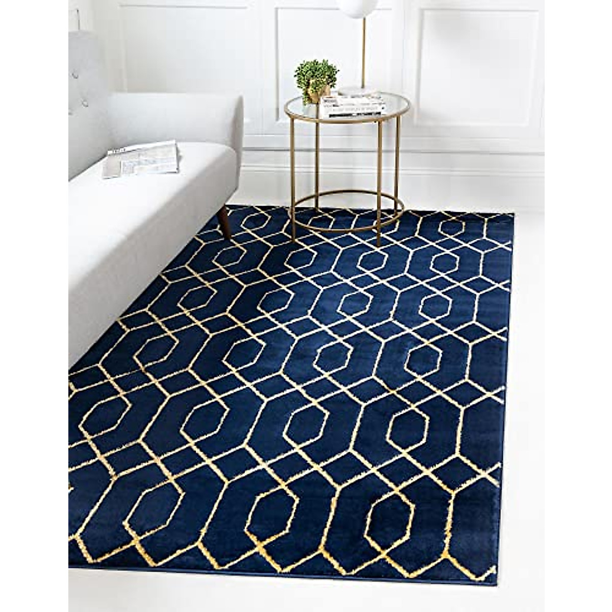 Unique Loom Glam Collection Geometric, Trellis, Metallics, Modern, Chic Area Rug, 4 ft 0 in x 6 ft 0 in, Navy Blue/Gold
