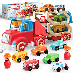 JOYIN Wooden Carrier Truck for Boys - 9 in 1 Foldable Track Carrier Truck Set, 1 Transport Toy Truck with 6 Wooden Cars, 2 Action Figures, 3 Layer Transformable Carriage Set, Toy Cars for Toddlers