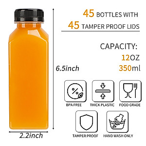 TOMNK 45pcs Juice Bottles, 12oz Reusable Juice Bottles with Caps and Labels, Funnel, Brush Beverage Containers for Juicing, Smoothies, Tea, Milk