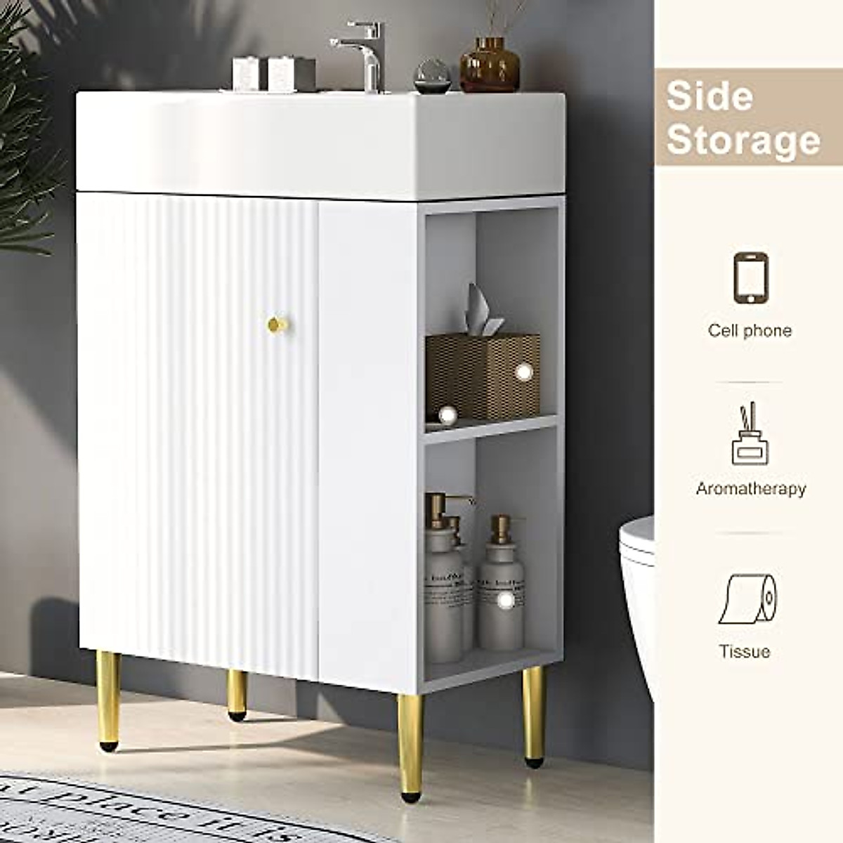 JUOFONE 21.6" White Bathroom Vanity with Sink Combo, Modern Bathroom Cabinet with Door, Freestanding Single Bathroom Vanity Set with Open Shelves (White_ Shelf on The Right)