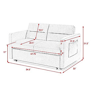 FANYE Linen Upholstered Loveseat Sleeper w/Side Storage Pockets, 54.5" 2-Seaters Sofa with Pull-Out Couch Bed with 2 Pillows & Adjustable Backrest for Living Room Apartment Office Small Space, Beige
