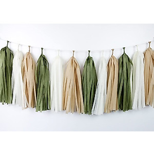 15 Pcs DIY Olive Green Tan Brown Nude Cream Tissue Paper Tassel Garland Party Banner for Eucalyptus Greenery Baby Shower Woodland Jungle Tropical Nature Theme Birthday Wedding Party Decoration