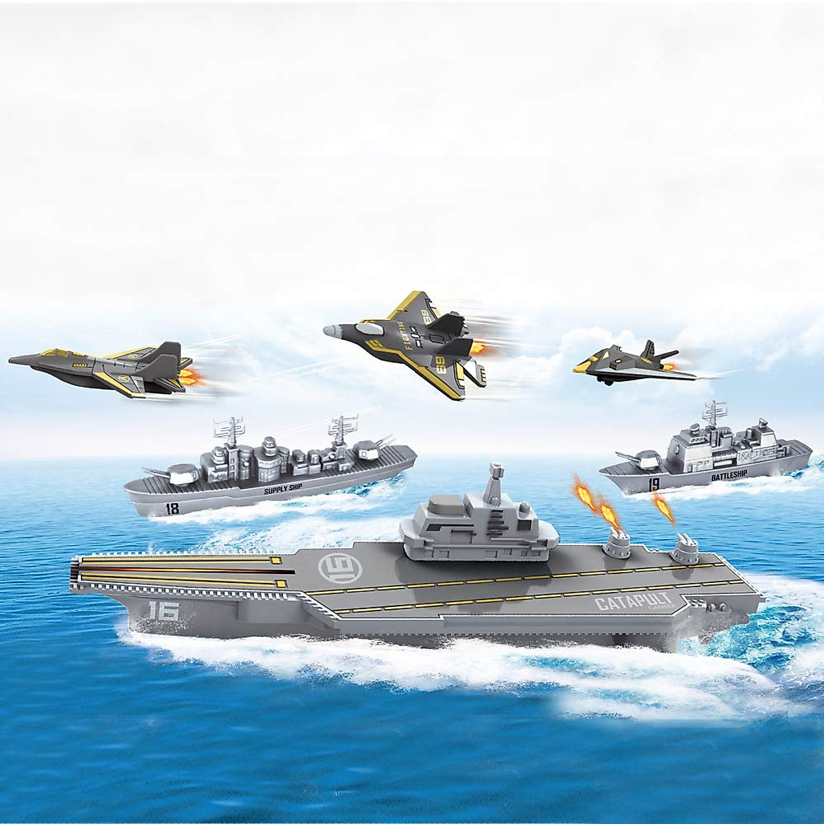 deAO Aircraft Carrier Toy Military Naval Ship Play Set with Small Scale Planes Toy, Supply Ship,Great Battleship Toys Army Men Toys for Boys Girls Kids