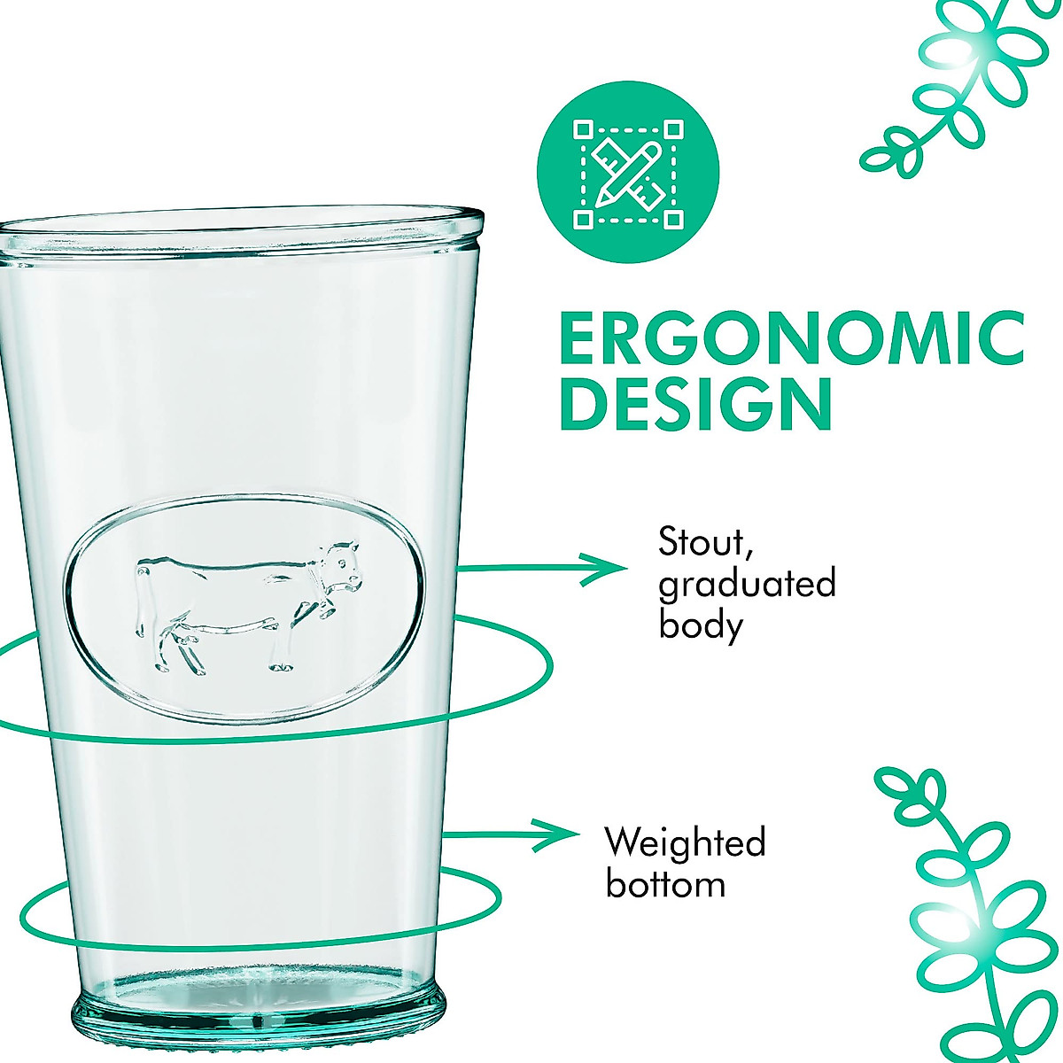 Amici Home Milk Glass | 11 Oz | Italian Made, Clear Recycled Glass with Green Tint | Cute Glass with Cow Motif for Milk, Water, Juice, Cocktails, Fresh Drinks (Set of 6)