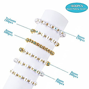 1800Pcs Beads Making Kit, 1500Pcs Gold Round Spacer Beads Smooth Loose Ball Beads, 150Pcs Alphabet Beads, 150Pcs White Pearls Beads and 2 Rolls Elastic String for DIY Bracelet Jewelry Craft