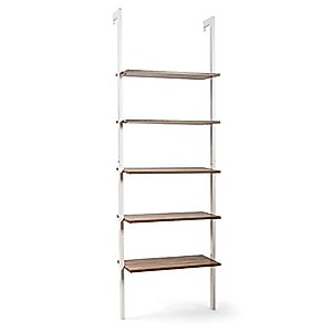 Tangkula 5-Shelf Bookcase, Modern 5-Tier Wood Wall Mounted Ladder Bookshelf with Metal Frame, 72 Inches Tall Industrial Open Ladder Shelf Display Rack Storage Shelves for Home Office (White, 1)