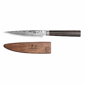 Cangshan HAKU Series 5-Inch Serrated Utility Knife with Sheath, Forged X-7 Damascus Steel, 501080