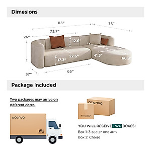 Acanva Luxury Modern Tight Curved Back Velvet Sofa, Minimalist Style Comfy Couch for Living Room Apartment, L-Shape Right Chaise, Cream