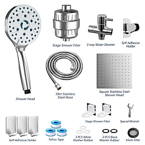 NLZQPTS 8inch Rain Shower Head with Filter,High Pressure Handheld Shower Heads with 7 Spray Combo,Square Filtered Showerhead for Hard Water Softener,59" Hose,Bathroom,Brushed Nickel Finish