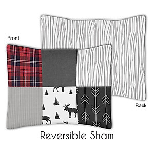 Sweet Jojo Designs Grey, Black and Red Woodland Plaid and Arrow Rustic Patch Boy Toddler Kid Childrens Bedding Set - 5 Pieces Comforter, Sham and Sheets - Flannel Moose Gray