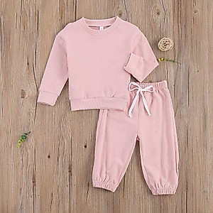 Honganda 2Pcs Toddler Baby Girl Plain Solid Sweatshirt Pullover Tops Drawstring Sweatpants Joggers Casual Fall Winter Outfit Set (Pink, 2-3T)