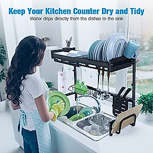 LEPO Over The Sink Dish Drying Rack, 2 Tier Stainless Steel Adjustable Length (25.6-33.5in) & Height(20.5-24.4in) Large Dish Rack Drainer with Utensil Holder for Kitchen Countertop Organizer, Black