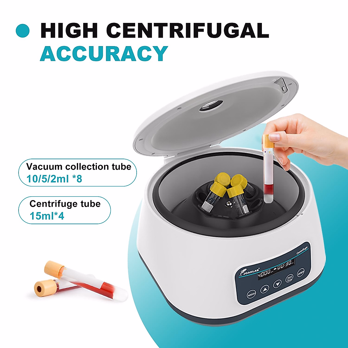 JOANLAB Lab Centrifuge Machine 2ml/5ml/10ml x 8, 15ml x 4 Low Speed 500-4000rpm,2180xg RCF Digital Benchtop Centrifuges w/Timer