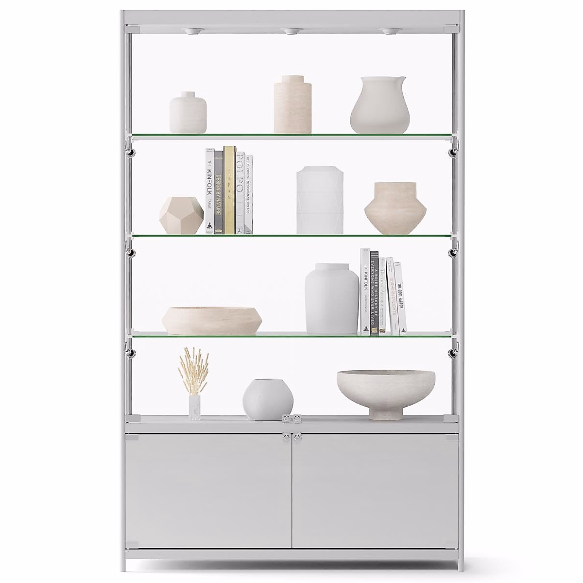 Displays2go 48" Retail Showcase, 7 LED Lights, Storage, Lockable Swinging Doors - Silver (LESC4816SB)