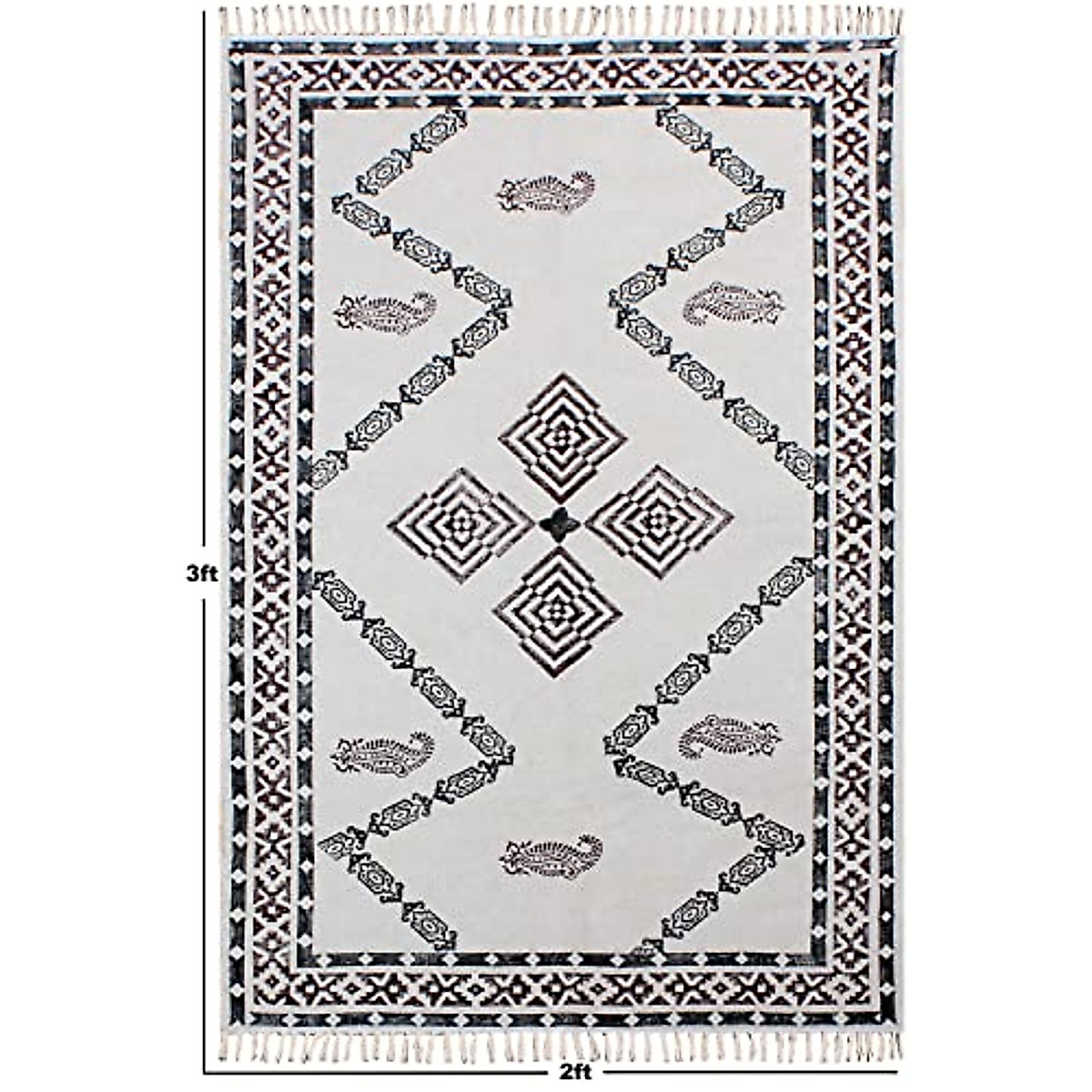 Casavani Hand Block Printed Rug Geometric Brown & Black Tassel Rug Easy Care Washable Rugs for Doormat Entryway Living Room Bedroom Hallway Balcony 9x15 Feet