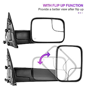 INEEDUP Towing Mirror Fits for 2003-2009 for Dodge for Ram 1500/2500/3500 Tow Mirror with Passenger Right Side 1PC Power Adjusted Heated No Turn Signal Light Manual Flip Up Function