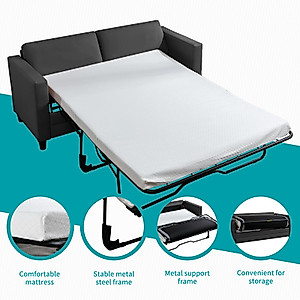 BALUS Faux Leather Pull Out Sofa Bed, 2-in-1 Queen Size Couch Bed with Fold Out Mattress, Modern Convertible Sleeper Sofa Couch, Leather Loveseat Futon Couches for Living Room-Dark Grey