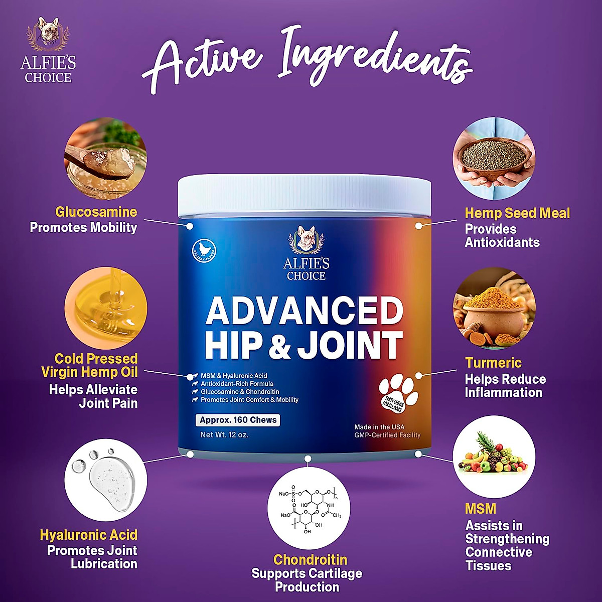 ALFIE'S CHOICE Hip and Joint Chews for Dogs - Advanced Hemp & Glucosamine for Dogs, Hip Joint Supplement for Dogs, Chicken Flavor Dog Joint Supplement Large Breed & Small Breed - 12 oz, Appx 160 Ct
