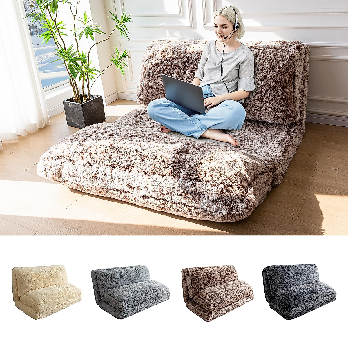 MAXYOYO Bean Bag Bed Floor Bed, Faux Fur Floor Sofa Floor Chairs for Adults, Folding Sofa Bed Foam Filling Wall Couch Sleeper Chairs Twin Size Floor Mattress, Coffee, 39x95 Inch