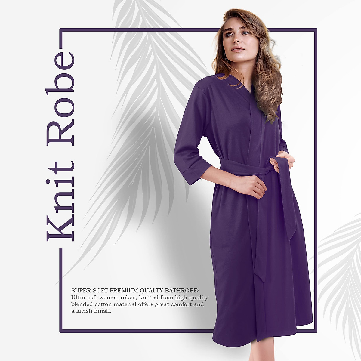 NY Threads Women's Robe Long Knit Bathrobe 3/4 Sleeves Soft Kimono Lightweight Loungewear, XX-Large, Royal Purple