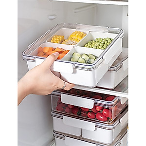 Qushy White Square Plastic Divided Serving Tray with Lid, 4 Compartments Snack Tray Serving Platter for Biscuits, Fruit, Veggie, Candies and Hot Pot