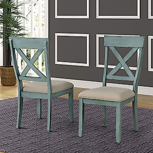 Roundhill Furniture Prato 5-Piece Round Dining Table Set with Cross Back Chairs, Antique Blue and Weathered Walnut