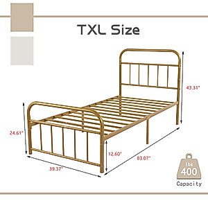 AUFANK Twin XL Metal Platform Bed Frame with Vintage Headboard Footboard Extra Strong Support No Box Spring Needed Noise Free Easy Assembly Gold