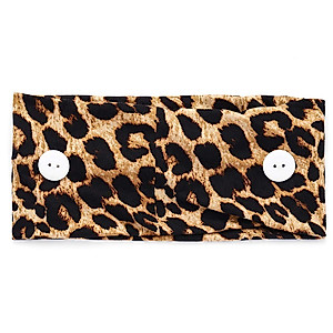Morebrave Headbands with Buttons for Mask Mouth Cover Floral Button Bandeau Sport Wide Head Wrap Headpiece Printed Stylish Bandanas Elastic Turban Hair Accessories for Women and Girls (Leopard)
