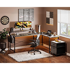 AODK L Shaped Computer Desk, 55" Office Desk with File Cabinet, Power Outlet and Adjustable Monitor Stand, Executive Home Office Furniture Set, Reversible Corner Desk with Storage Bag, Oak Grey