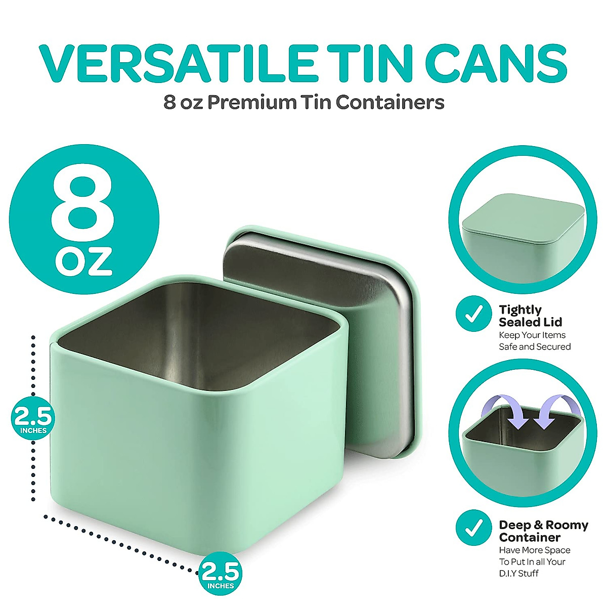 Hearts & Crafts Mint Square Tins with Lids - 24 Pack 8 oz Tin Cans for Candles Durable, Heat Resistant, Non-Rusting Tin Containers for Candle Making, Crafts, Gifts, and Storage and DIY Projects