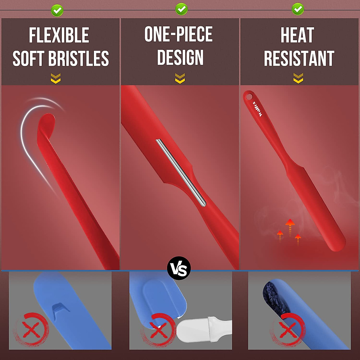 Walfos Silicone Jar Spatula - 600ºF Heat Resistant Kitchen Spatulas(2pcs), Strong Steel Core & One-Pieces Design,Mixing Batter & Cake Cream Spatulas, for Cooking & BPA Free & Dishwasher Safe, Red